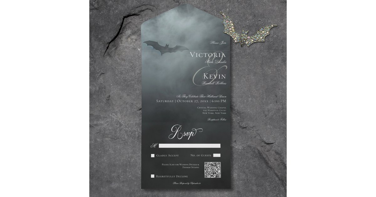 Dark Moody Midnight Bat & Fog QR Code Wedding All In One Invitation ...