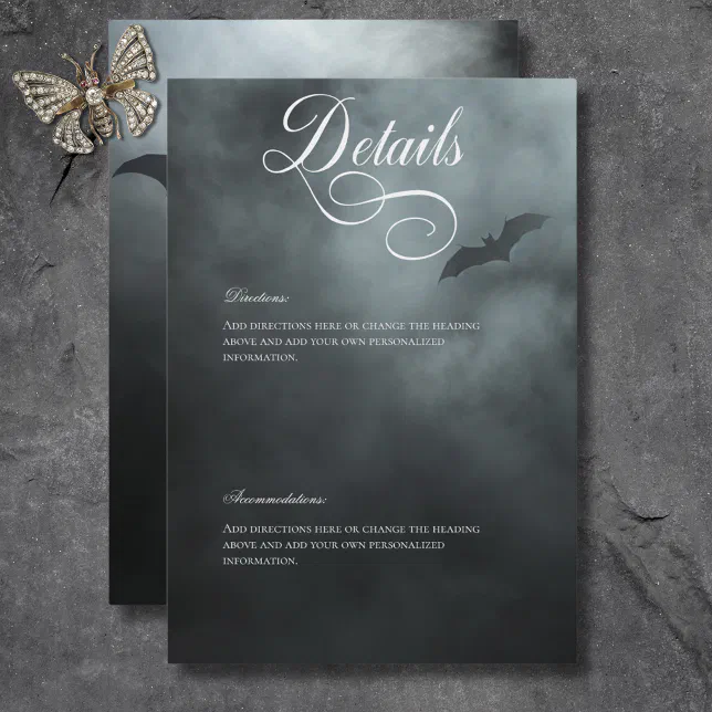 Dark Moody Midnight Bat & Fog Wedding Details Enclosure Card | Zazzle