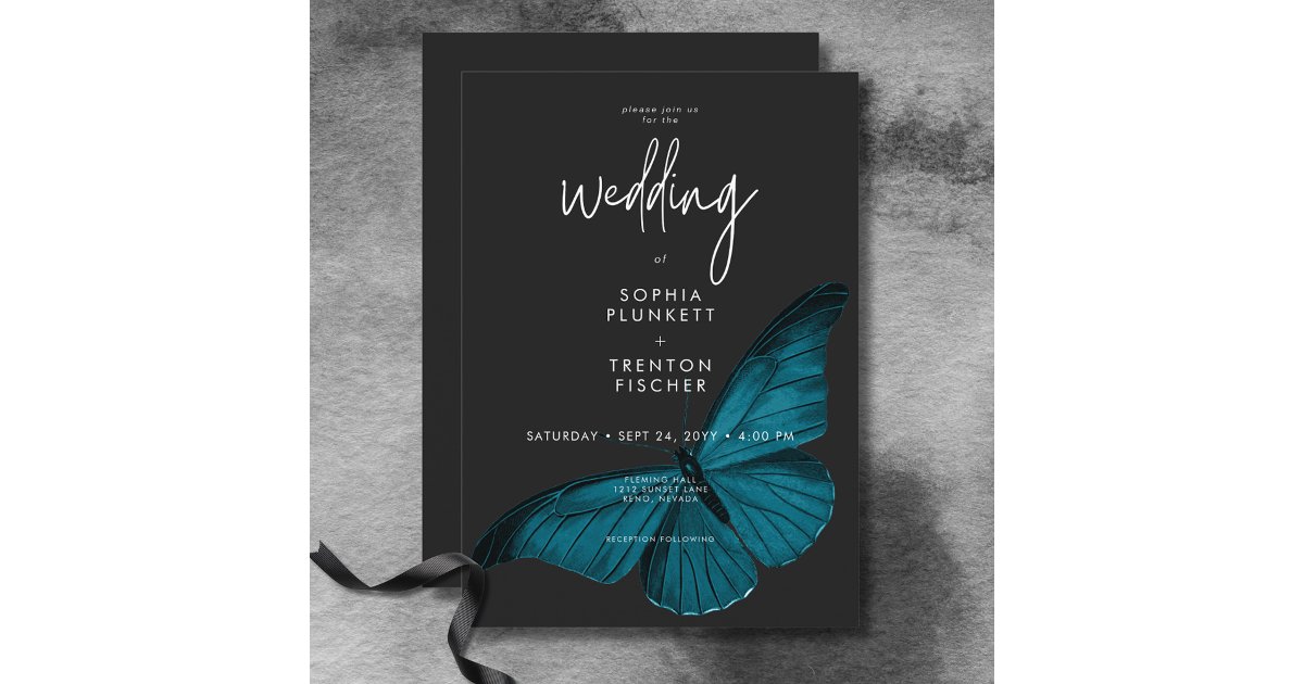 Dark Moody Minimal Teal Moth Wedding Invitation | Zazzle