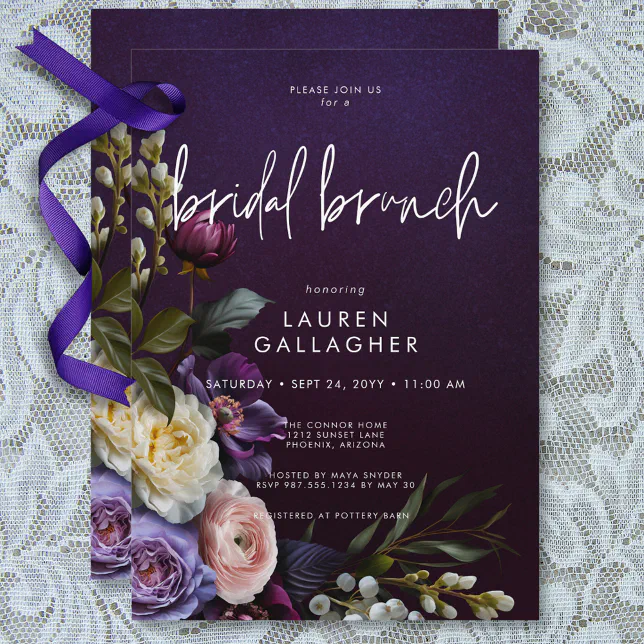 Dark Moody Purple & Cream Floral Bridal Brunch Invitation | Zazzle