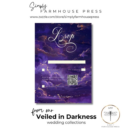 Dark Moody Purple & Gold Moonlit Clouds QR Code RSVP Card | Zazzle