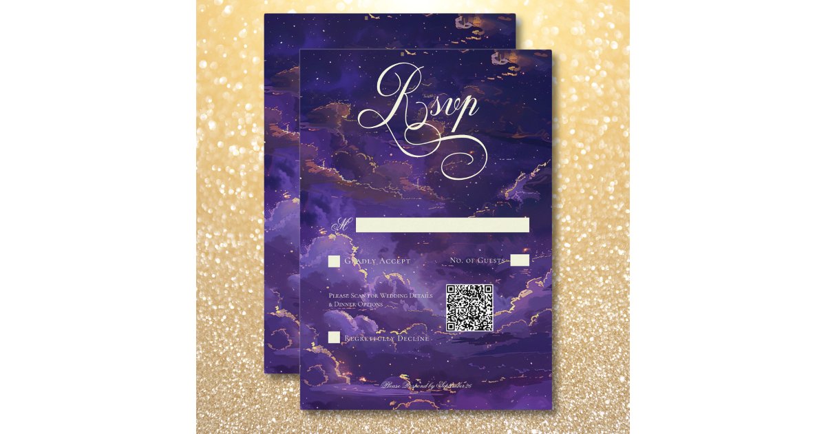 Dark Moody Purple & Gold Moonlit Clouds QR Code RSVP Card | Zazzle