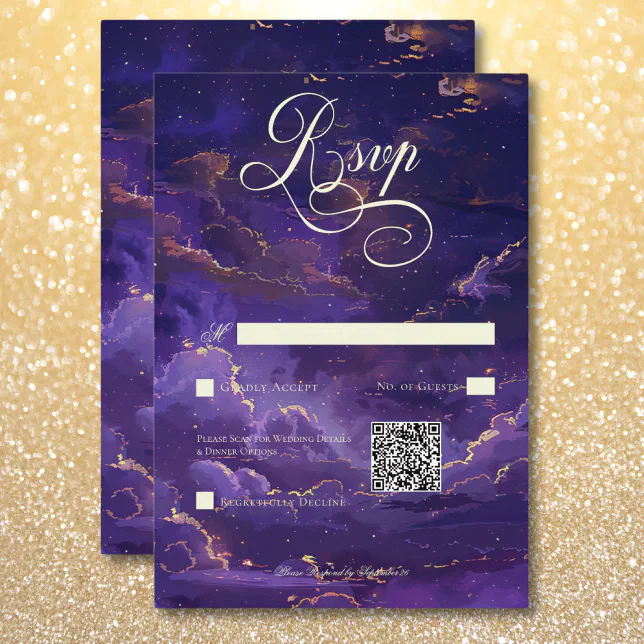 Dark Moody Purple & Gold Moonlit Clouds QR Code RSVP Card | Zazzle