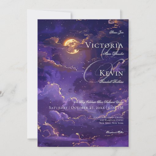 Dark Moody Purple & Gold Moonlit Clouds Wedding Invitation | Zazzle