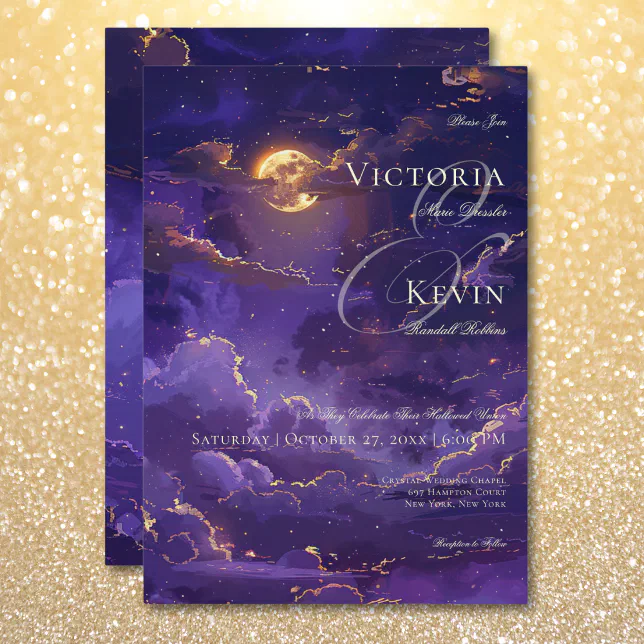 Dark Moody Purple & Gold Moonlit Clouds Wedding Invitation | Zazzle