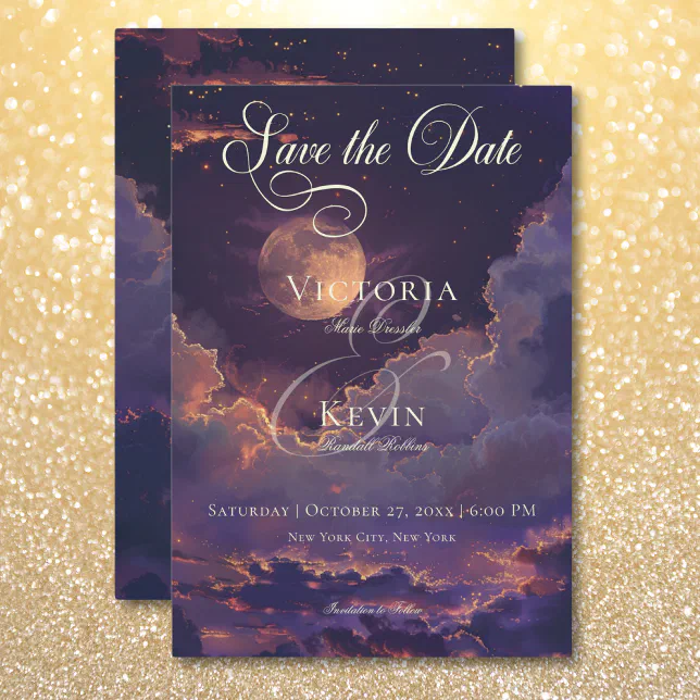 Dark Moody Purple & Gold Moonlit Clouds Wedding Save The Date | Zazzle