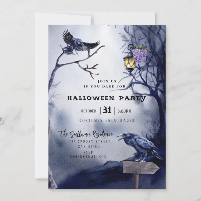 Dark Moody Raven Night Halloween Party Invitation | Zazzle