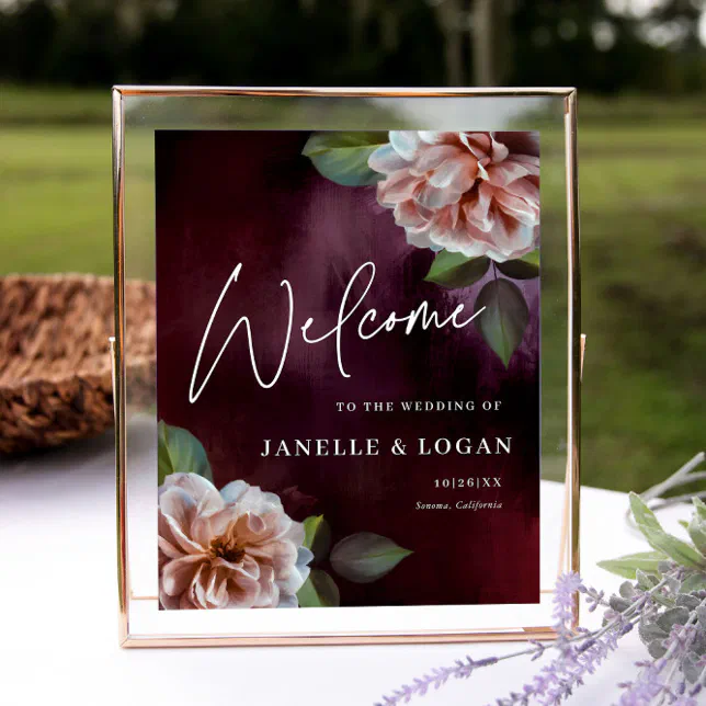 Dark + Moody Rustic Floral Wedding Welcome Sign | Zazzle