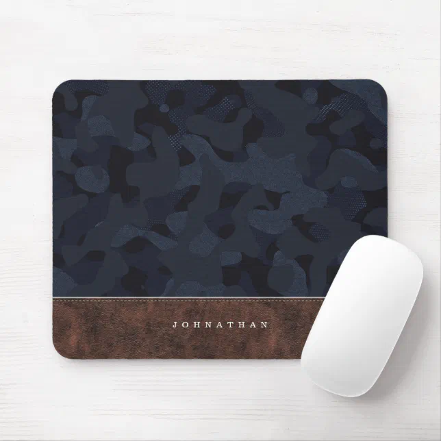Dark Navy Blue Camouflage Pattern & Leather Mouse Pad | Zazzle