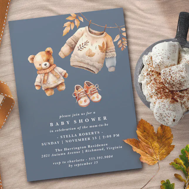 Dark Navy Blue | Cute Modern Boho Fall Baby Shower Invitation | Zazzle