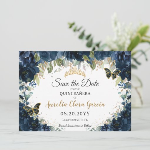 Dark Navy Blue Floral Quinceañera Save the Date | Zazzle