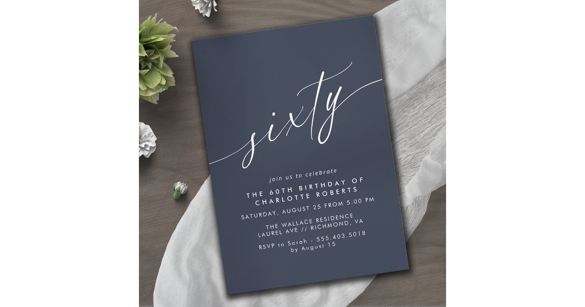 Dark Navy Blue | Modern Script 60th Birthday Invitation | Zazzle