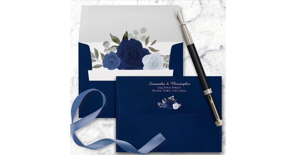 Dark Navy Blue Watercolor Floral Elegant Wedding Envelope | Zazzle