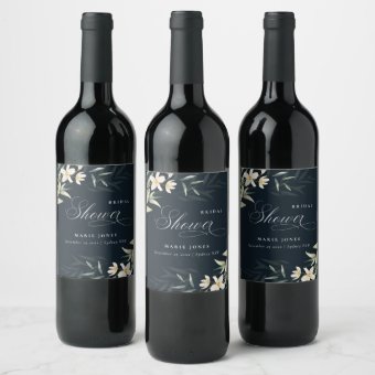 Dark Navy White Greenery Floral Bridal Shower Wine Label | Zazzle