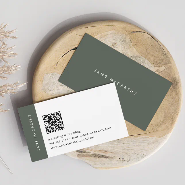 Dark Olive Green | Modern Minimalist QR Code Business Card | Zazzle