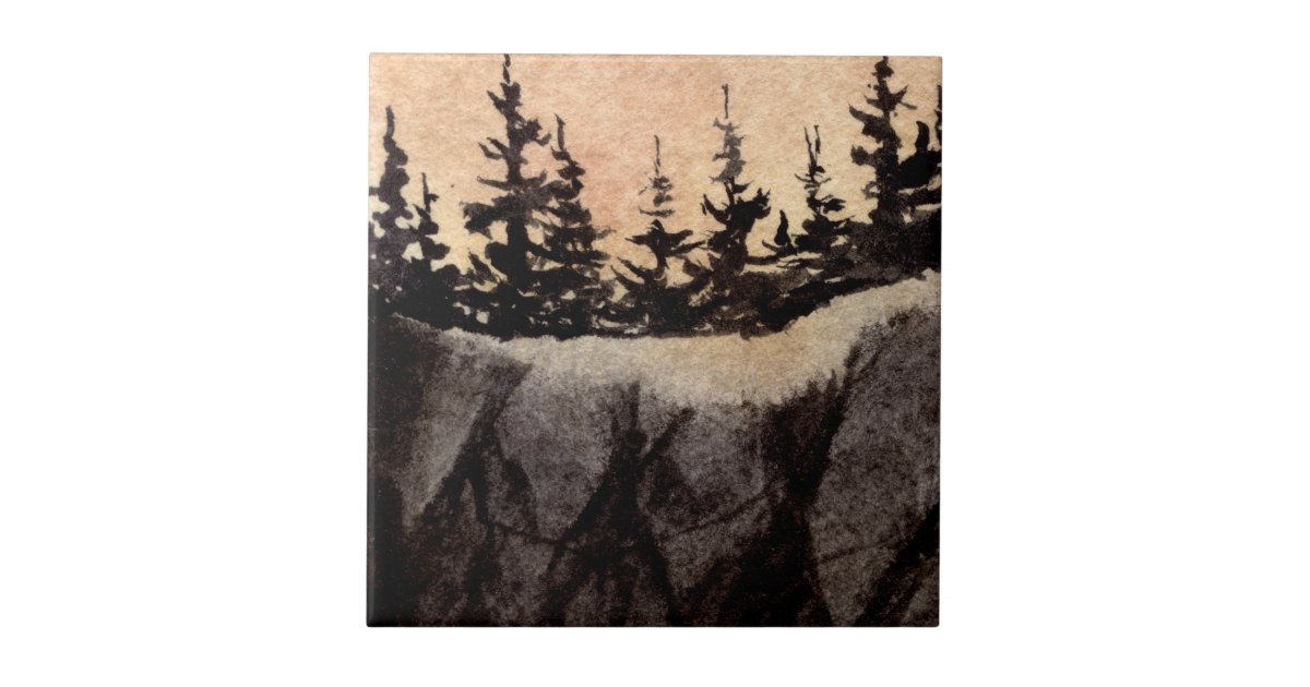 Dark pines on a rugged cliff with gray pink sky ceramic tile | Zazzle