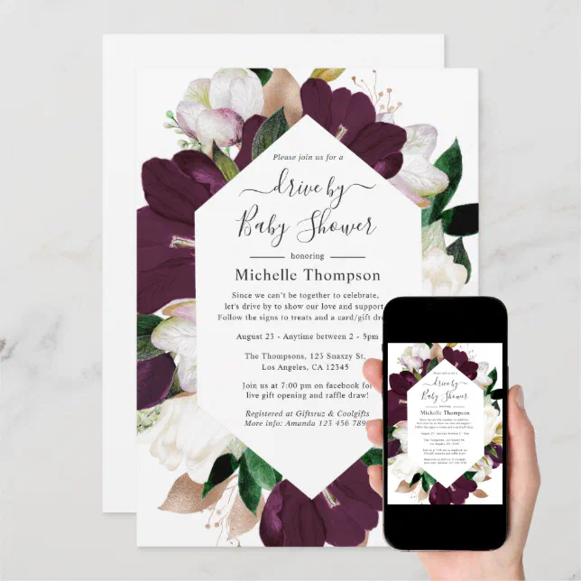 Dark Plum and White Spring Floral Drive By Shower Invitation | Zazzle