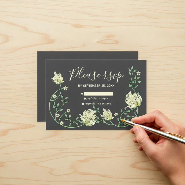 Dark pretty art nouveau flowers rsvp card | Zazzle