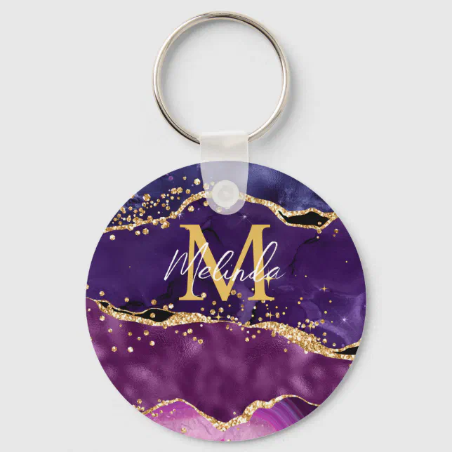 Dark Purple and Gold Glitter Sequins Agate Keychain | Zazzle