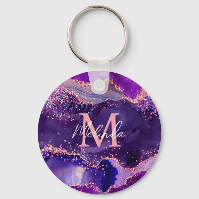 Dark Purple and Pink Glitter Sequins Agate Keychain | Zazzle