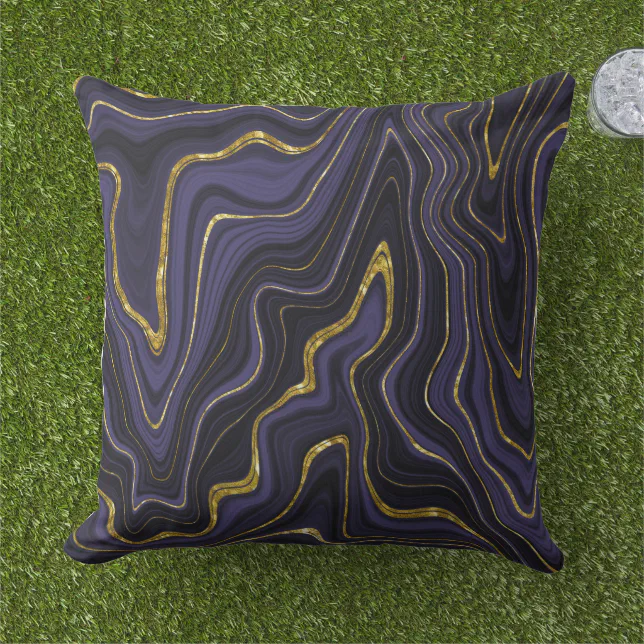 Dark Purple Black and Gold Marble Look Pattern Outdoor Pillow | Zazzle