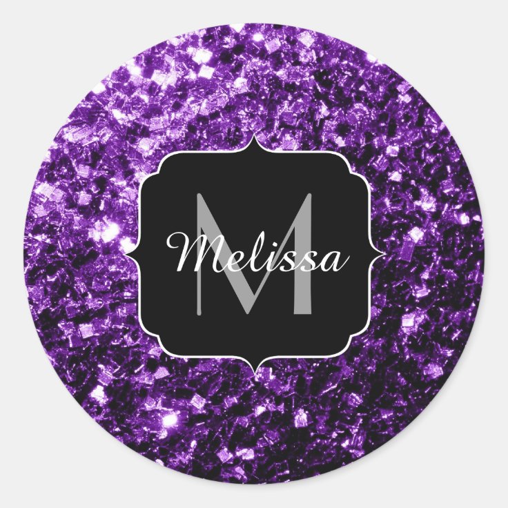 Dark Purple Faux Shiny Glitter Sparkles Monogram Classic Round Sticker