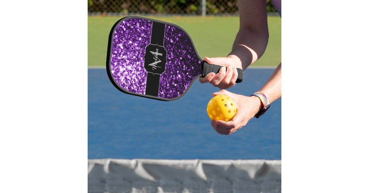 Dark Purple faux shiny glitter sparkles Monogram Pickleball Paddle | Zazzle