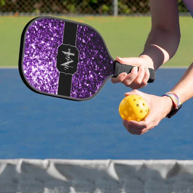 Dark Purple faux shiny glitter sparkles Monogram Pickleball Paddle | Zazzle