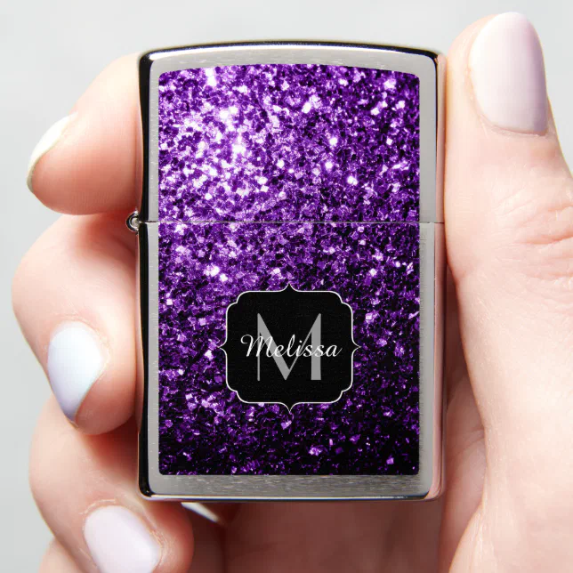 Dark Purple faux shiny glitter sparkles Monogram Zippo Lighter | Zazzle