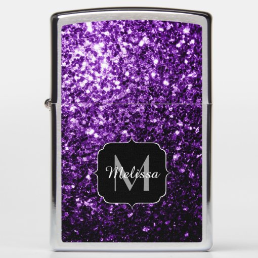 Dark Purple faux shiny glitter sparkles Monogram Zippo Lighter | Zazzle