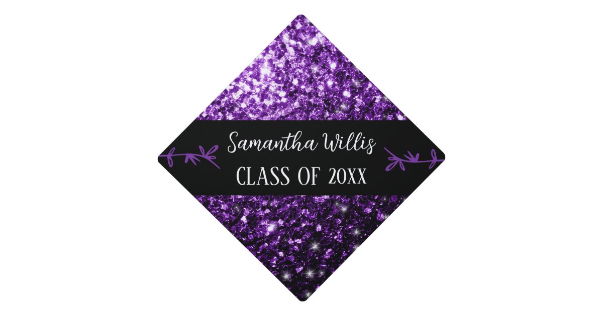 Dark purple faux sparkles Custom name Class Graduation Cap Topper | Zazzle