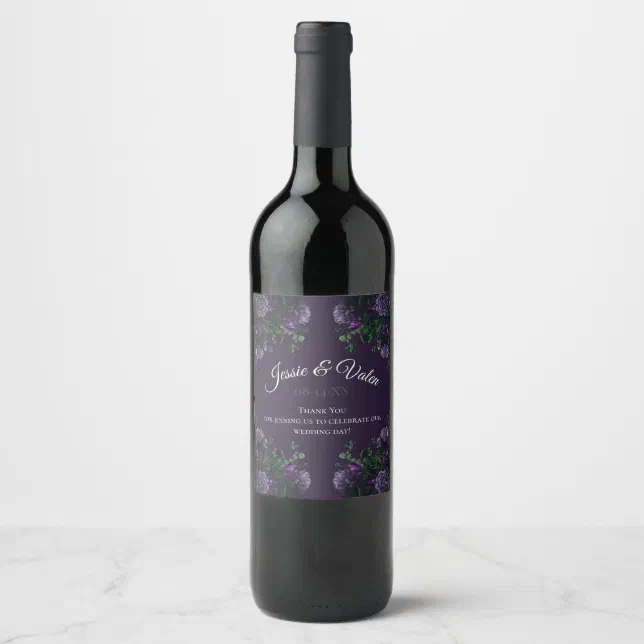 Dark Purple Floral Elegant Wedding Gothic Wine Label | Zazzle