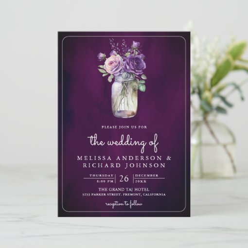 Dark Purple Floral Mason Jar QR Code Moody Wedding Invitation | Zazzle