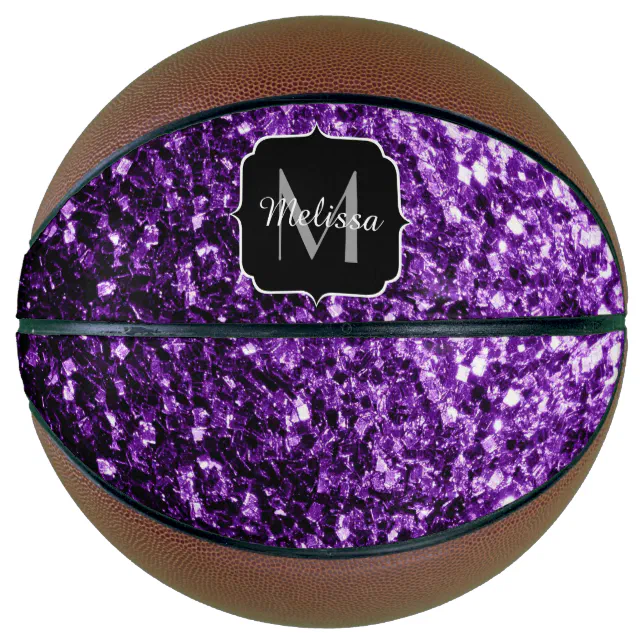 Dark purple glitter sparkle bling Monogram name Basketball | Zazzle