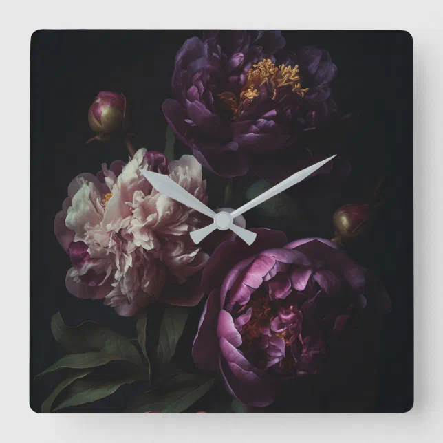 Dark Purple Peonies Flower Bouquet Oil Still Life Square Wall Clock ...