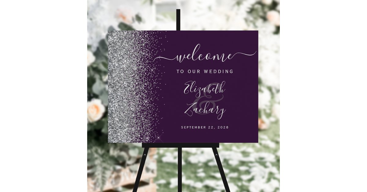 Dark Purple Silver Glitter Wedding Welcome Sign | Zazzle