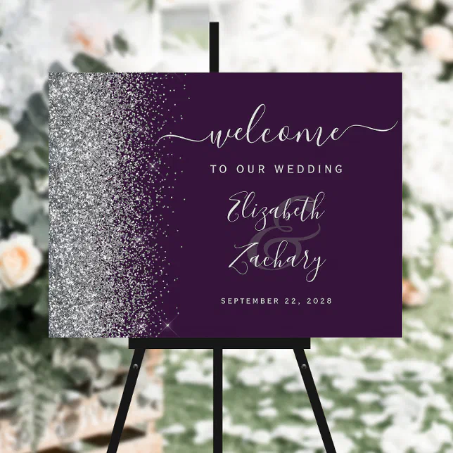 Dark Purple Silver Glitter Wedding Welcome Sign | Zazzle