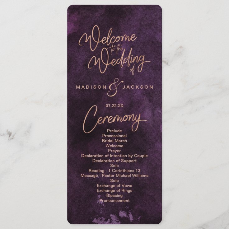 Dark Purple Watercolor Rose Gold Wedding Program | Zazzle