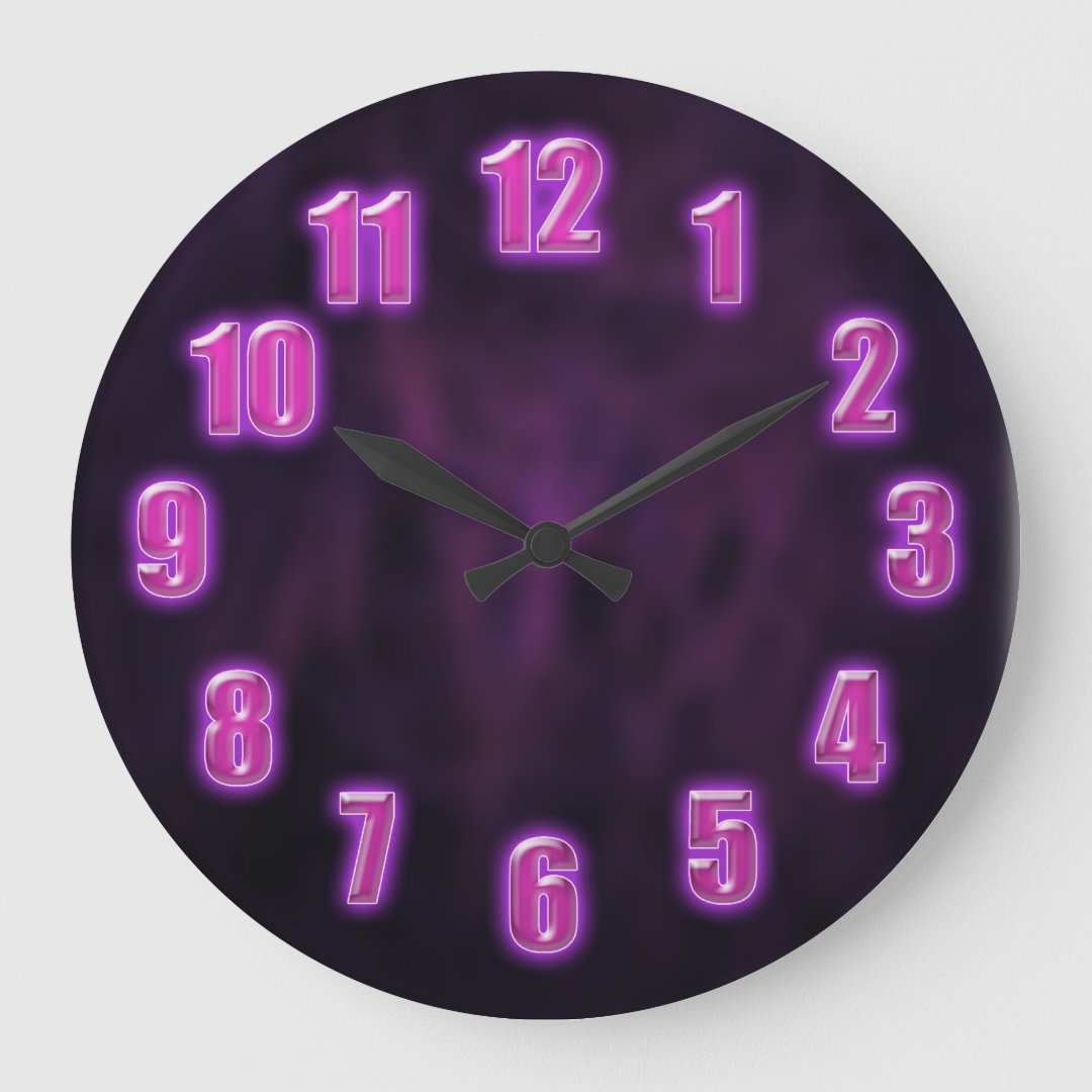 Dark purple with glowing neon numbers large clock | Zazzle
