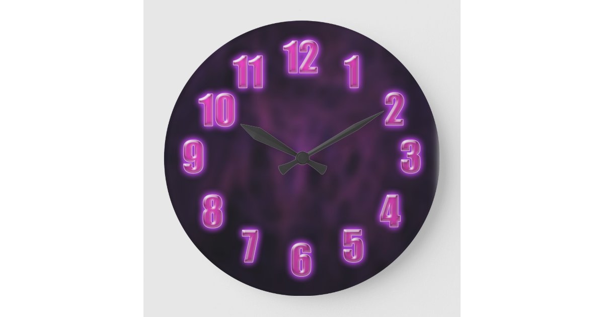 Dark purple with glowing neon numbers large clock | Zazzle