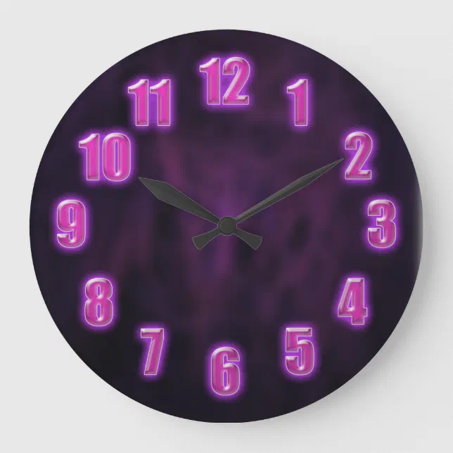 Dark purple with glowing neon numbers large clock | Zazzle