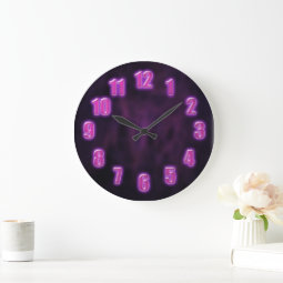 Dark purple with glowing neon numbers large clock | Zazzle