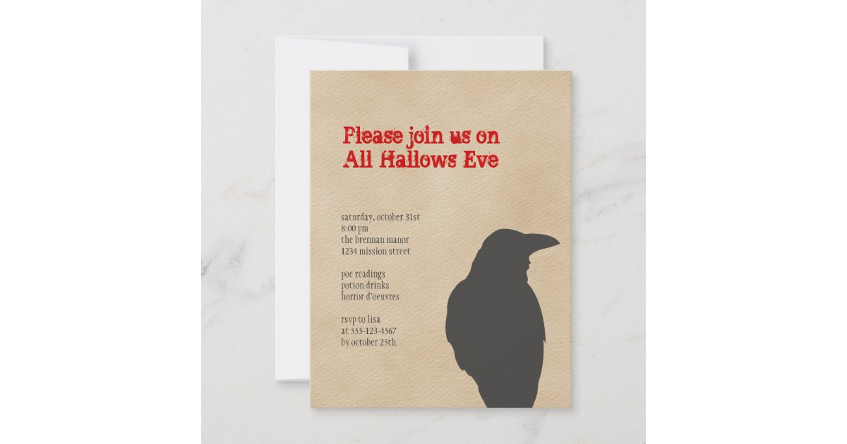 Dark raven bird brown parchment Halloween party Invitation | Zazzle