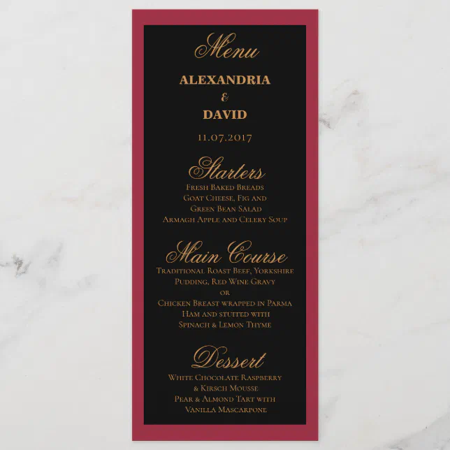 Dark Red and Black Wedding Menu Card | Zazzle