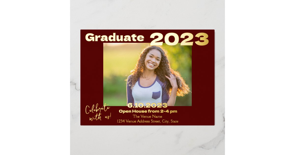 Dark Red and Gold Photo Graduation Invitation Card | Zazzle