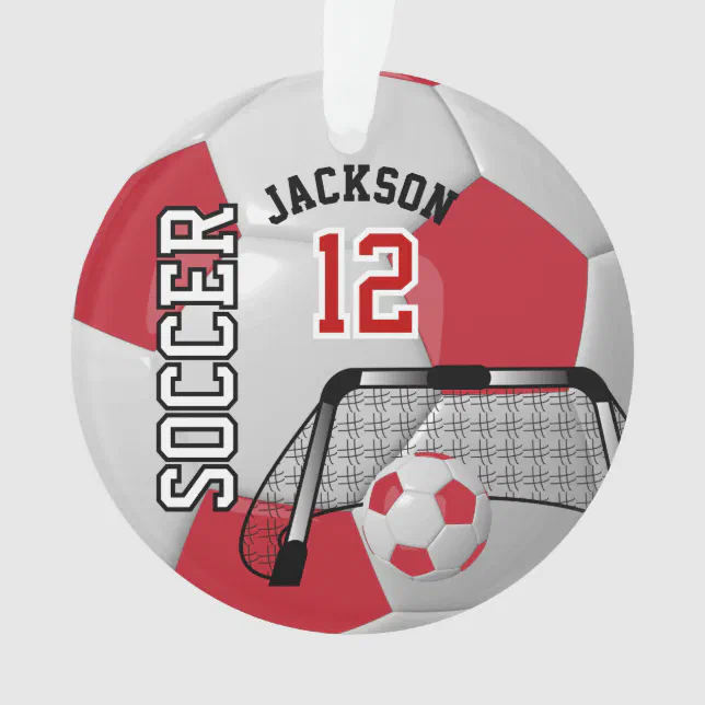 Dark Red and White Personalize Soccer Ball Ornament | Zazzle