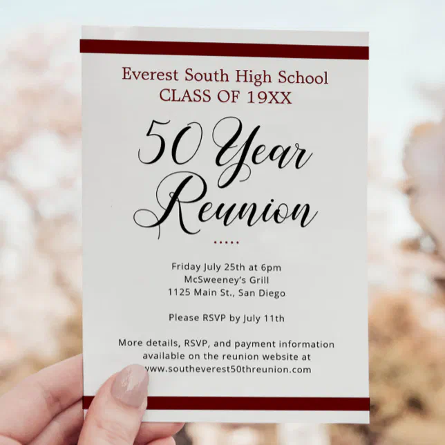Dark Red Black Minimalist 50 Year Class Reunion Invitation | Zazzle