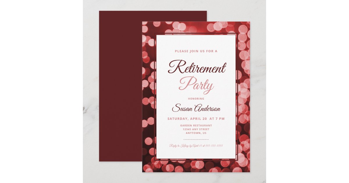 Dark Red Bokeh Elegant Retirement Party Invitation | Zazzle