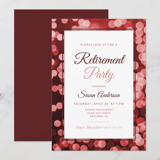 Dark Red Bokeh Elegant Retirement Party Invitation | Zazzle