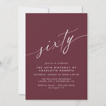 Dark Red Burgundy | Formal Maroon 60th Birthday Invitation | Zazzle